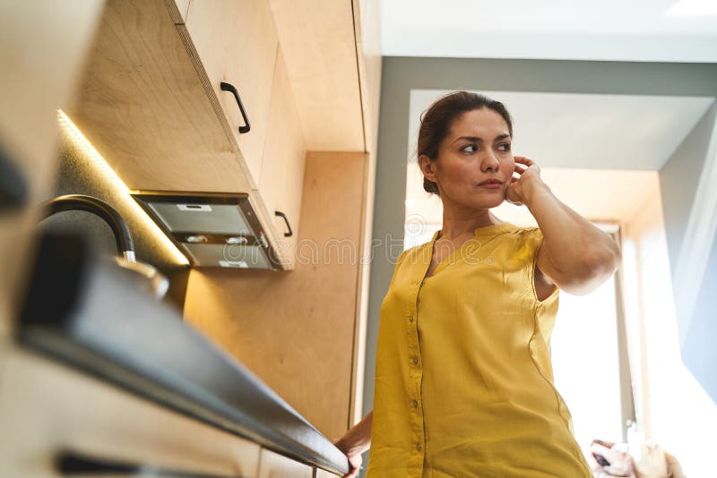 Smiling Pleased Serene Pretty Lady Looking Ahead Stock Image Image Of