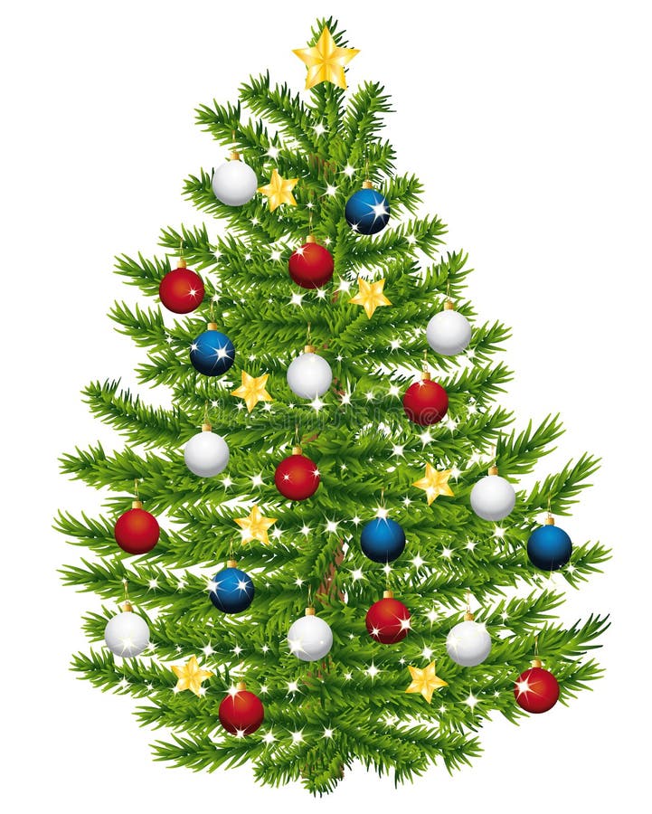 Akvarellillustration Av En Julgran Med Leksaker. Isolerad På Vit ...