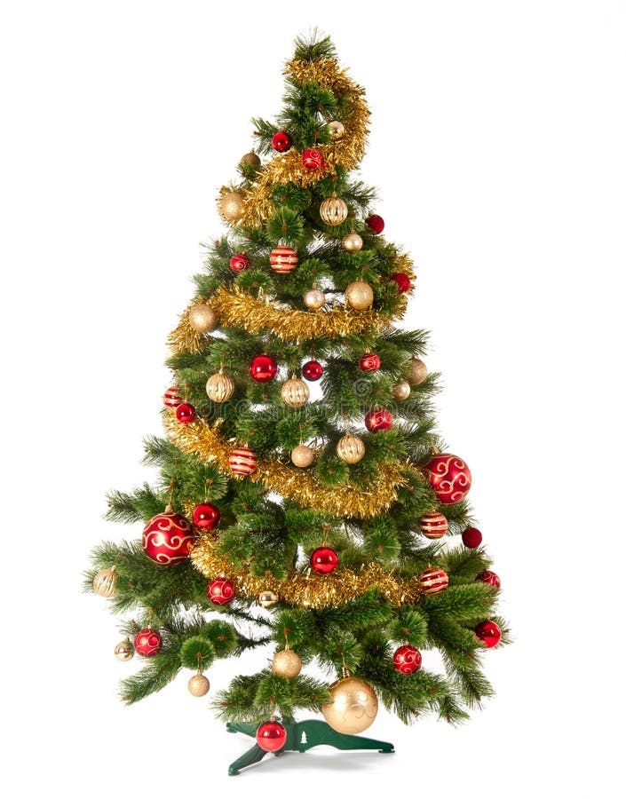 Studiobild Av Ett Julgran Med Blå, Röda Och Vita Ornament, Isolerat Mot ...