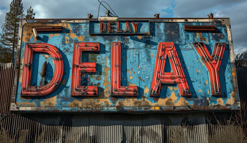 A Delay Sign in Blue and Red Stands Out Against the Cloudy Sky Stock ...