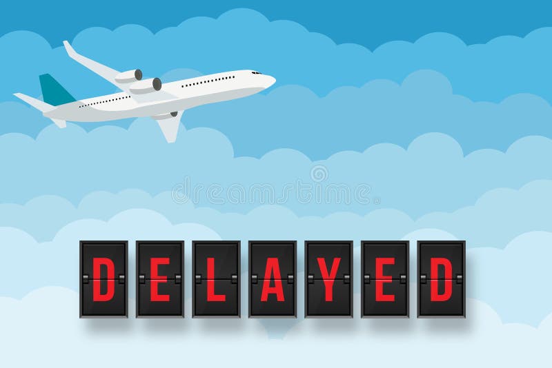 Delayed Flight Text with Flying Plane in the Sky Stock Illustration ...