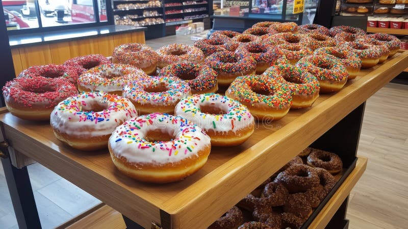 Delectable Array of Frosted Donuts in a Bakery Display Case Stock ...