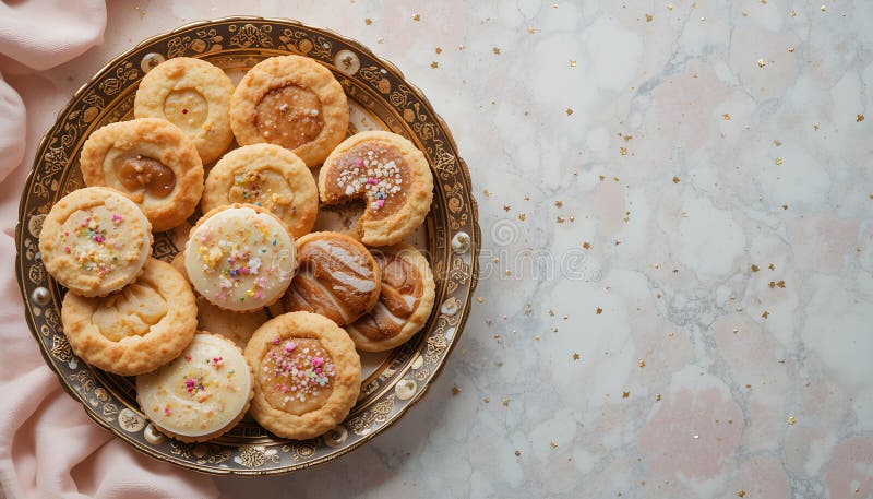Delectable Assorted Cookies on a Decorative Gold Plate Stock ...