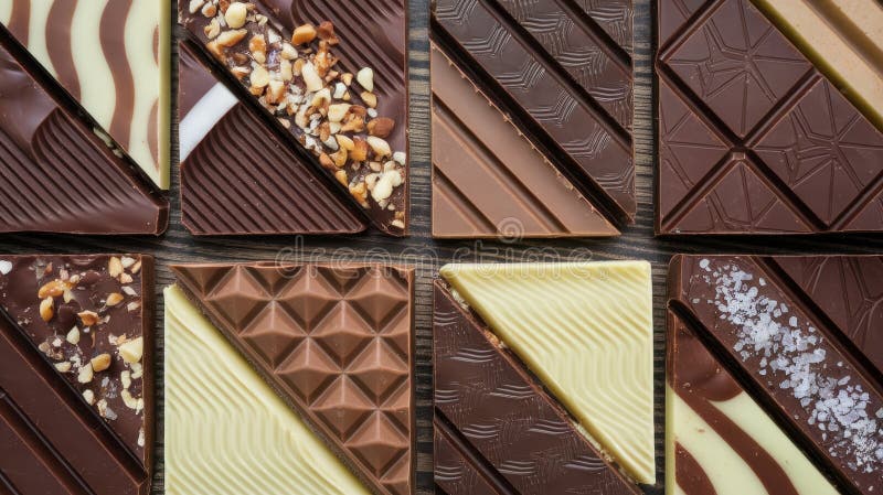 A Delectable Assortment of Chocolate Bars in Various Textures and Flavors, Showcasing Dark, Milk ...