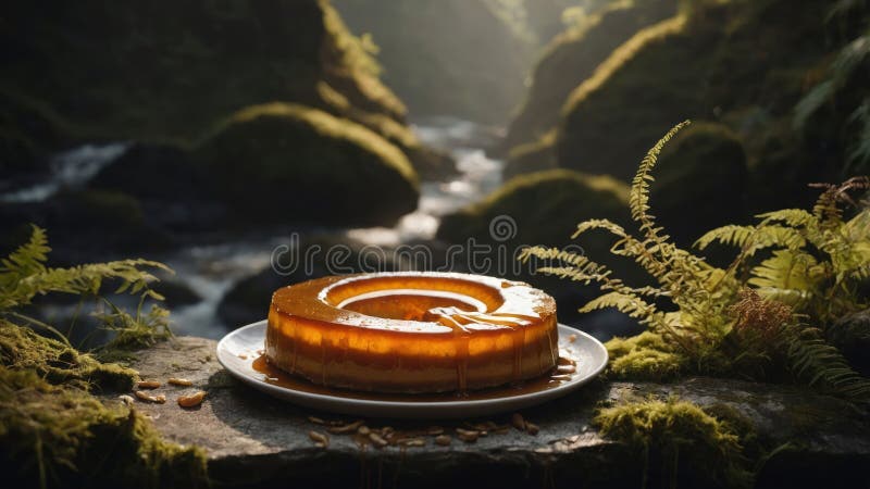 Delicious Caramel Flan Cake in Lush Forest Setting Stock Illustration ...