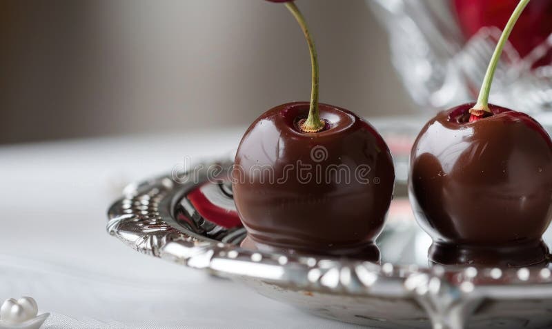 A Delectable Chocolate-covered Cherry Served on a Silver Platter Stock ...