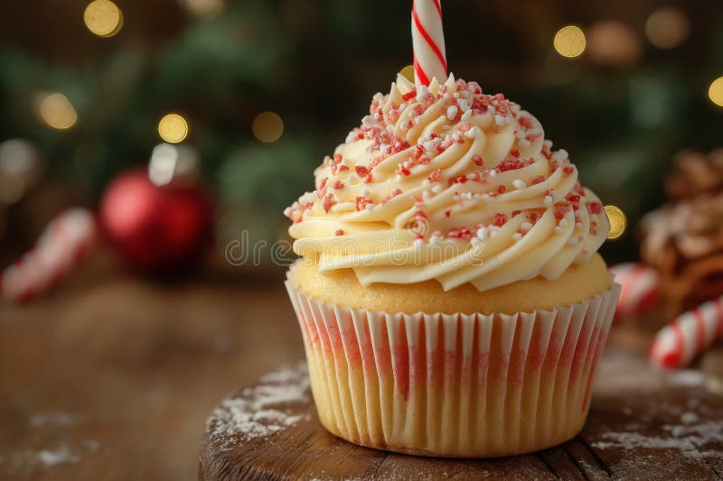 Delectable Christmas Cupcake with White Frosting and Candy Cane Topping ...