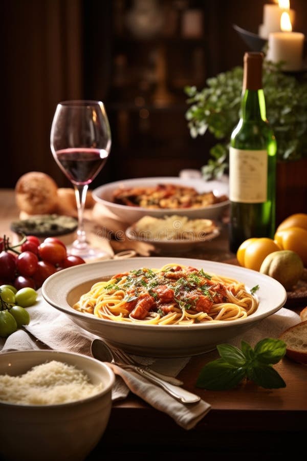 Delectable Dinner Spread with Pasta, Wine, and Savory Delights Stock ...
