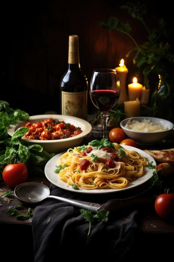 Delectable Dinner Spread with Pasta, Wine, and Savory Delights Stock ...