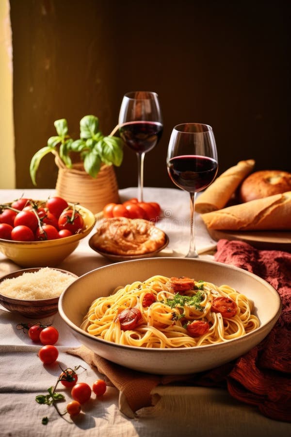 Delectable Dinner Spread with Pasta, Wine, and Savory Delights Stock ...