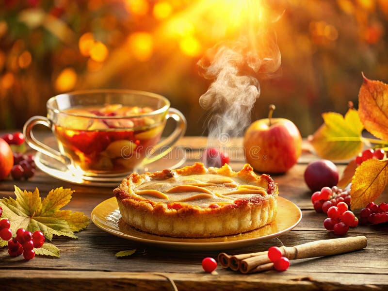 A Delectable Double Exposure Apple Pie Breakfast with Warm Tea and ...