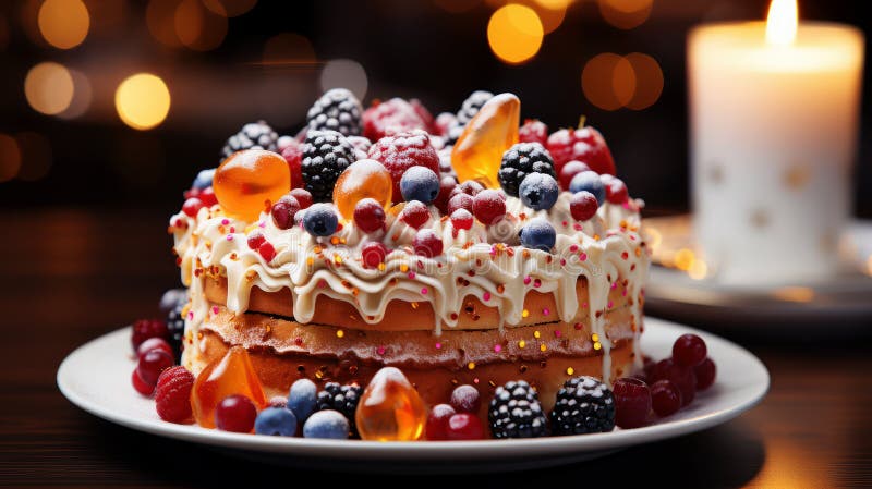 A Sumptuous Cake Adorned with Fresh Berries and a Soft Candle Glow in ...
