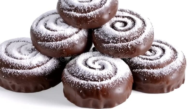 High Angle Close Up of Chocolate Rolls with Powdered Sugar Against a ...