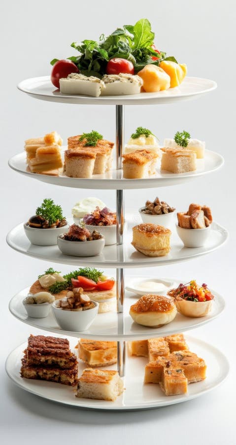 5-tier Serving Platter with Plates of Food, White Background. Stock ...