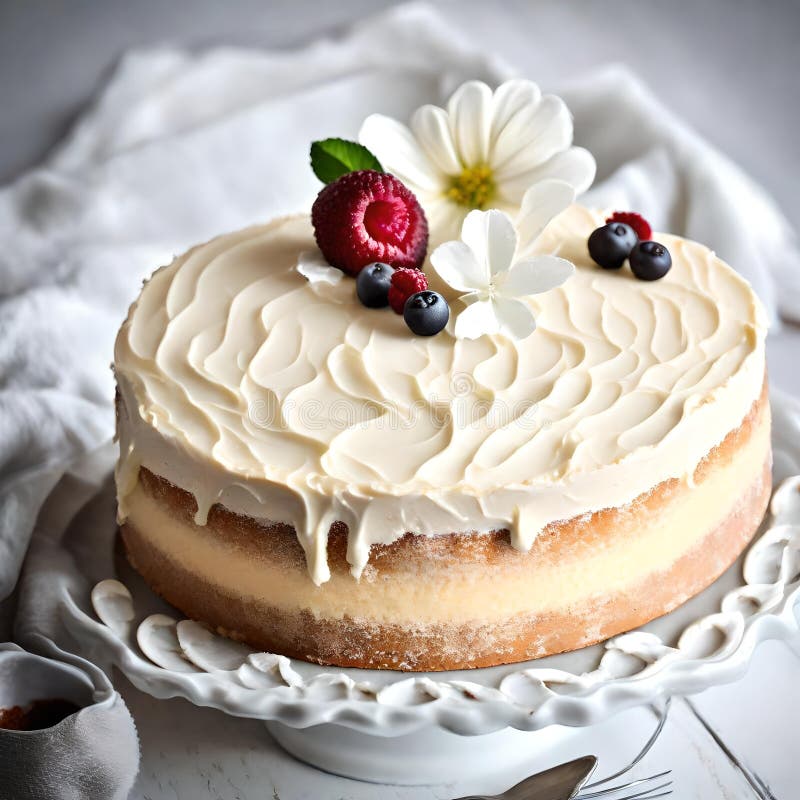 Delightful Cream Cake with Berries and White Blooms Stock Illustration ...