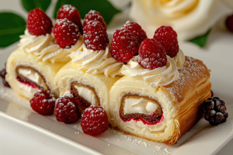 Delicious Raspberry Cream Swiss Roll on Bakery Table - Food Photography ...