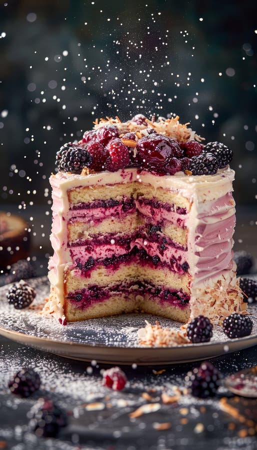 Delectable Layered Berry Cake with Icing and Fresh Fruit Toppings ...