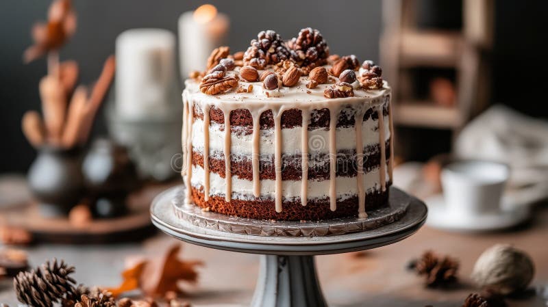 Delectable Layered Cake with Nut Topping and Drizzled Frosting Stock ...