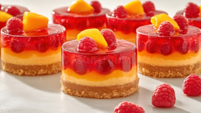 Delectable Mini Mango Raspberry Cheesecakes on White Surface Stock ...
