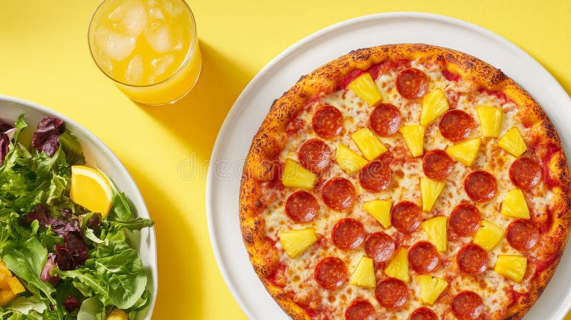 A Delectable Pizza with Pepperoni and Cheese, Served with Lemonade and ...