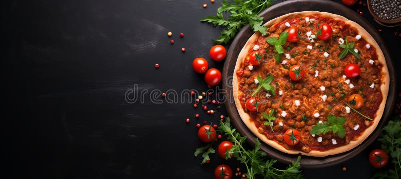 Delectable Pizza with Savory Toppings on Black Stone, Top View, Ample ...