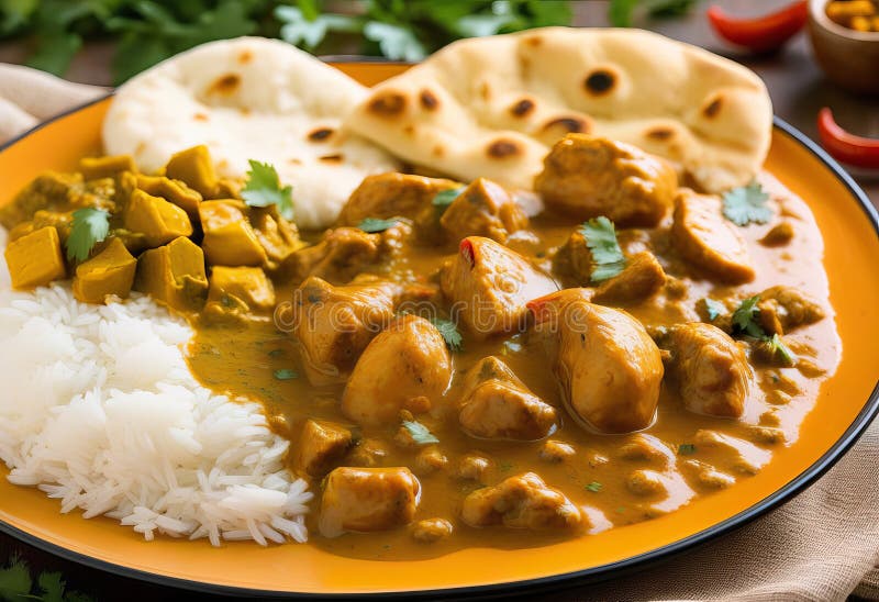 A Delectable Plate of Chicken Curry with Rice, Naan Bread, and Exotic ...
