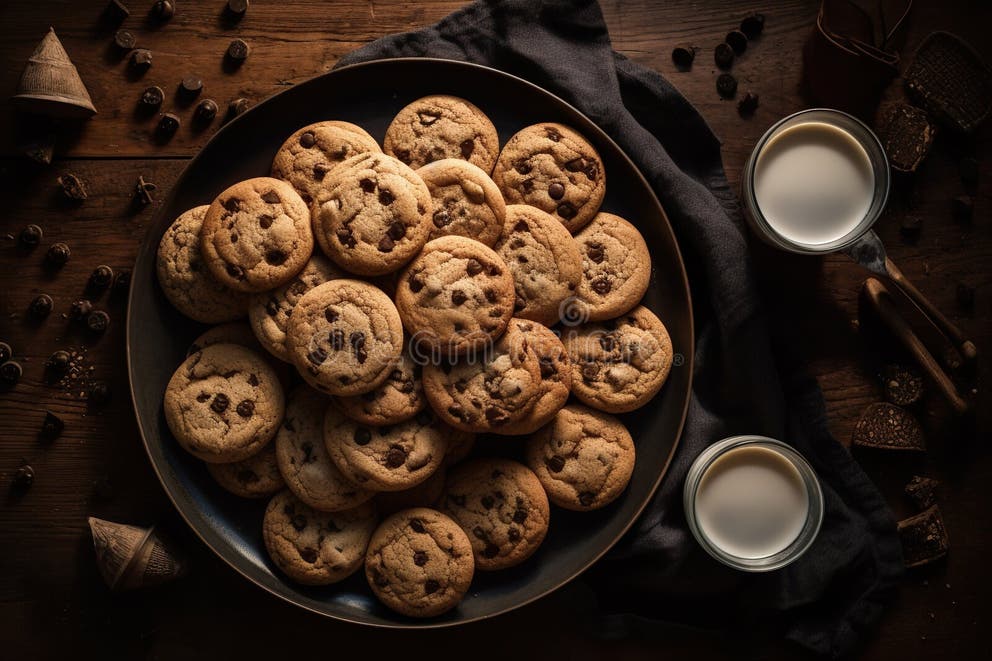 Delectable Plate of Chocolate Chip Cookies in Top-Down Perspective ...