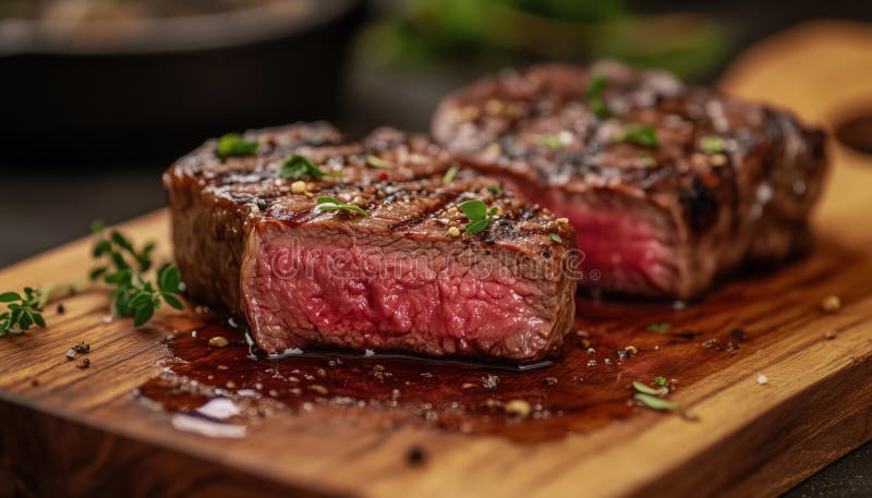 Delectable Portion of Grilled Lean Medium Rare Beef Steak on a Wooden ...