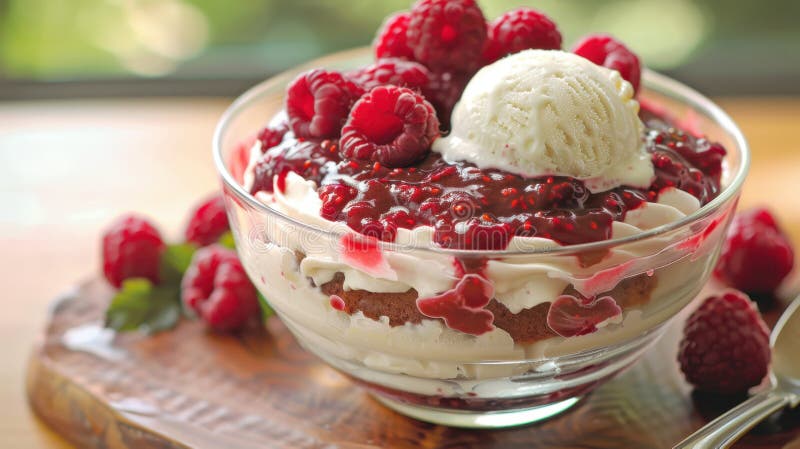 Delectable Raspberry Sundae with Vanilla Ice Cream in Glass Bowl Stock ...