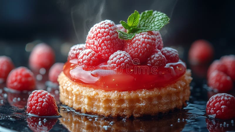 A Delectable Raspberry Tart Topped with Fresh Berries and Syrup Drizzle ...