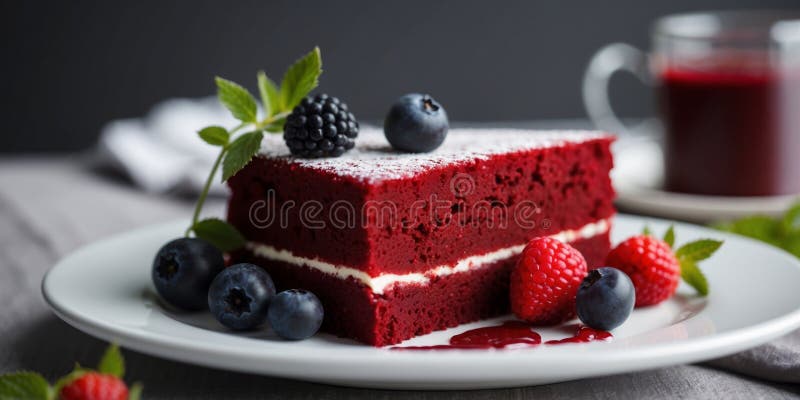 Delectable Red Velvet Cake Slice with Fresh Berries on a Plate. Stock ...