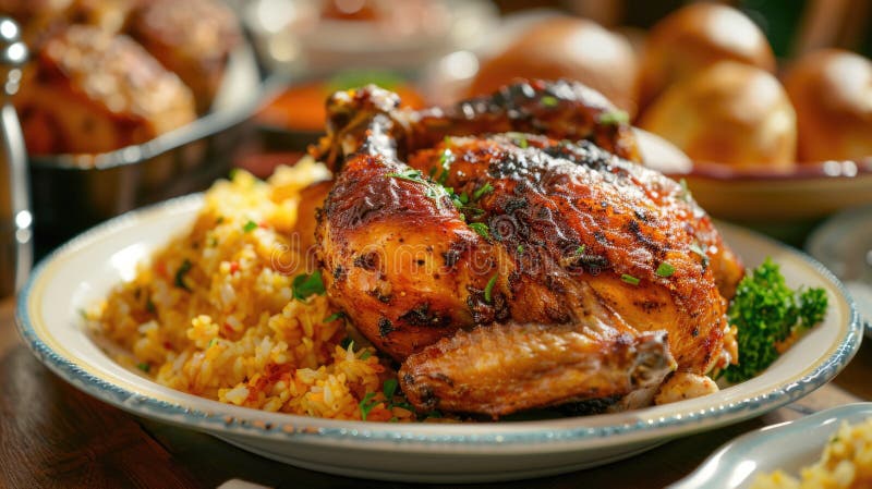 Delectable Roasted Chicken Quarter Served with Seasoned Rice Stock ...