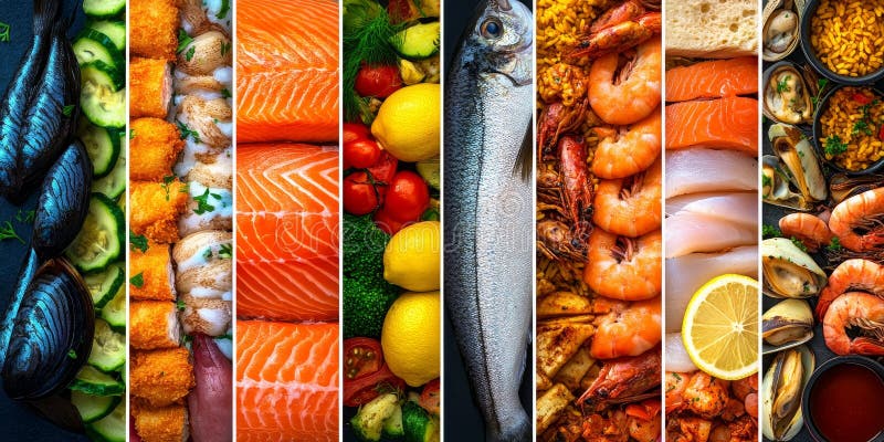 Delectable Seafood Collage Salmon, Cod, Tuna, Paella, Fish Chips, and ...