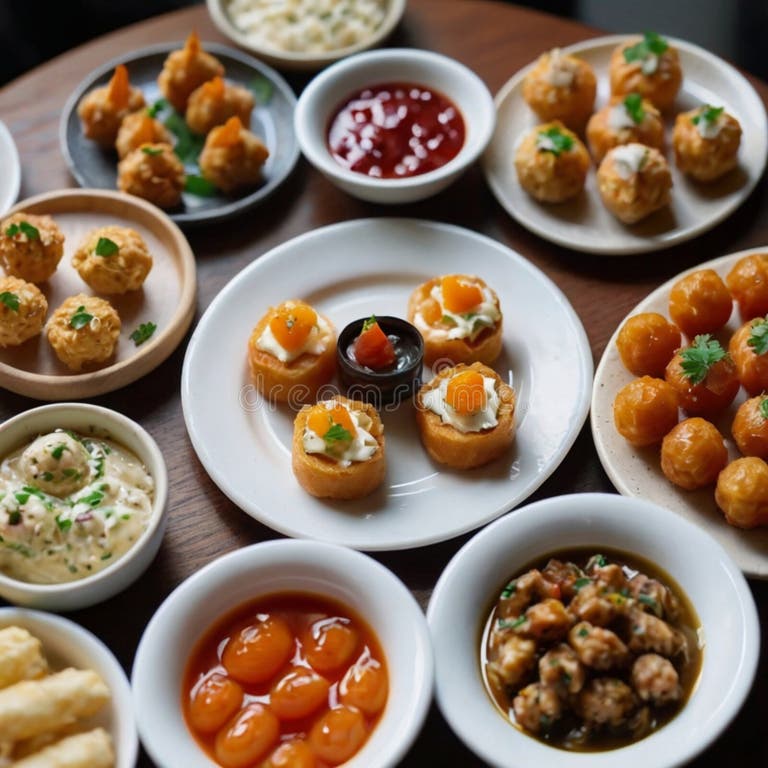 A Delectable Spread of Bite-Sized Appetizers and Dips Stock ...