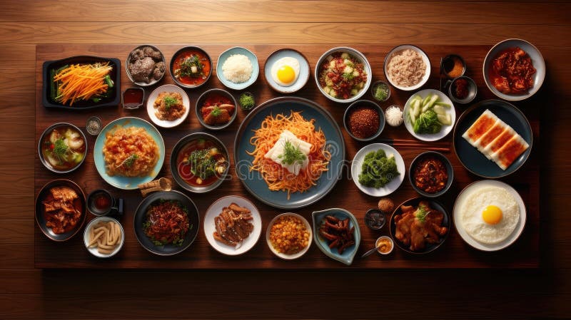 A Delectable Spread of Korean Traditional Food Elegantly Arranged on a ...