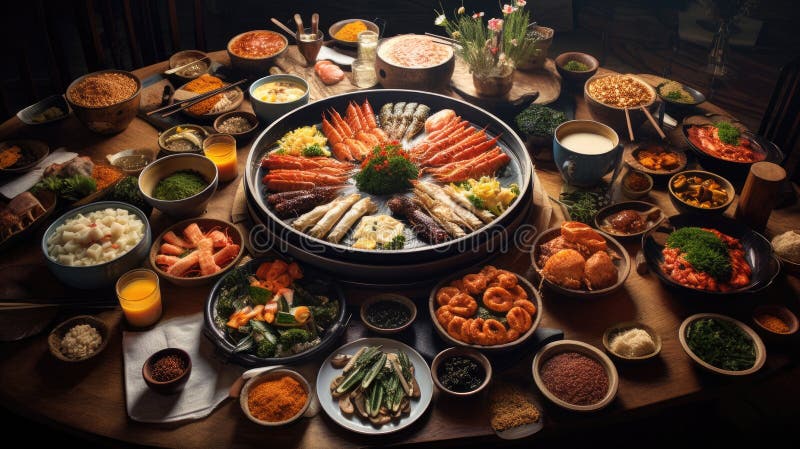 A Delectable Spread of Korean Traditional Food Elegantly Arranged on a ...