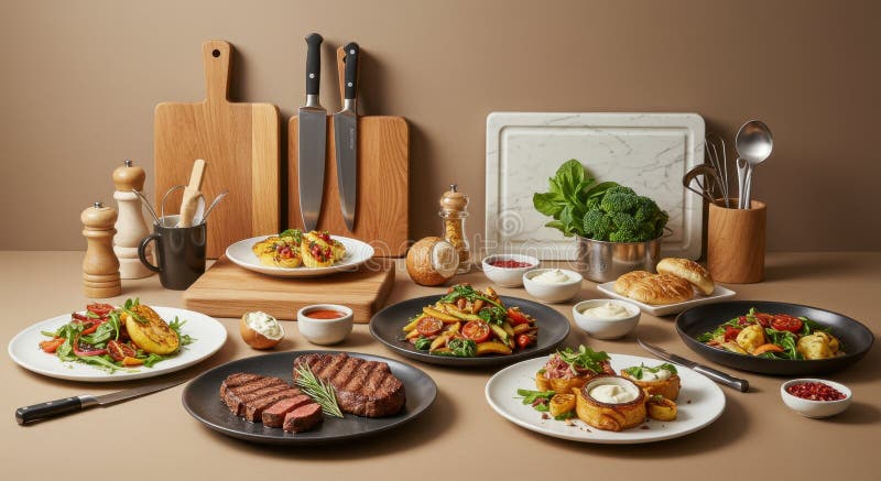 Delectable Steak Dinner with Side Dishes and Culinary Tools Stock ...