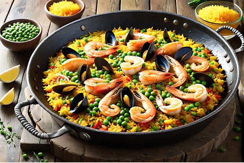 A Delectable Steaming Paella Presented from a Top-view Perspective ...
