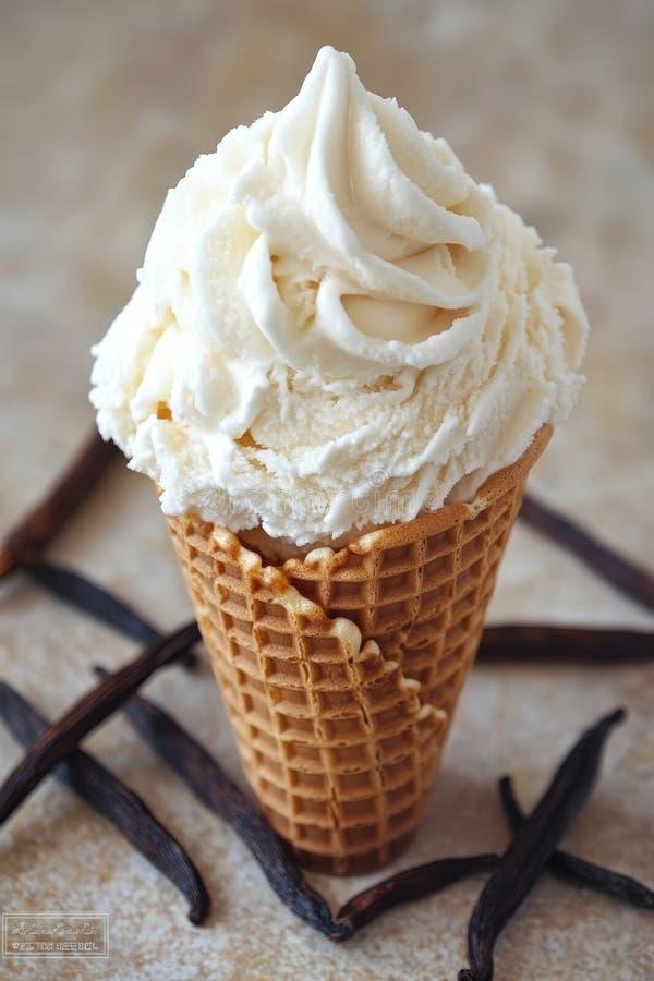 Delectable Vanilla Ice Cream in Waffle Cone with Real Vanilla Beans on a Beige Background Stock ...