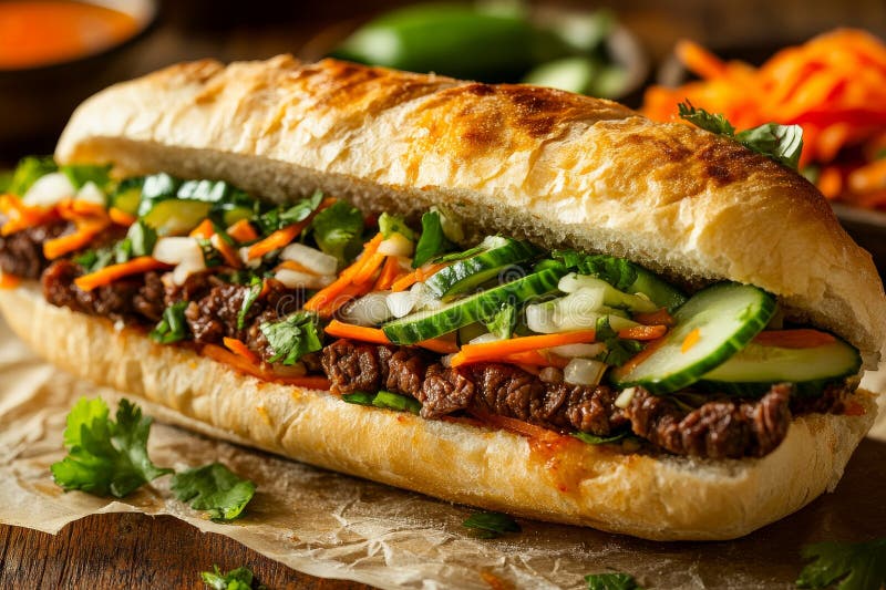 A Delectable Vietnamese Bahn Mi Sandwich Showcased on a Transparent ...