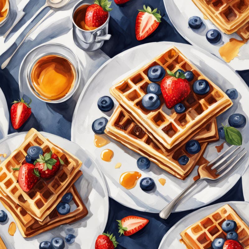 Delectable Waffles Presented with an Array of Fresh Berries. Plates ...