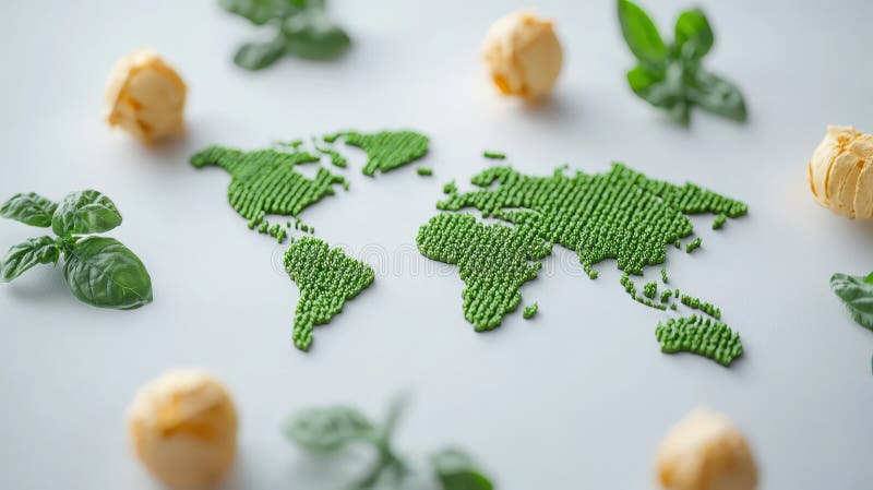 Delectable World Map Crafted from Pasta and Fresh Basil Leaves, a ...