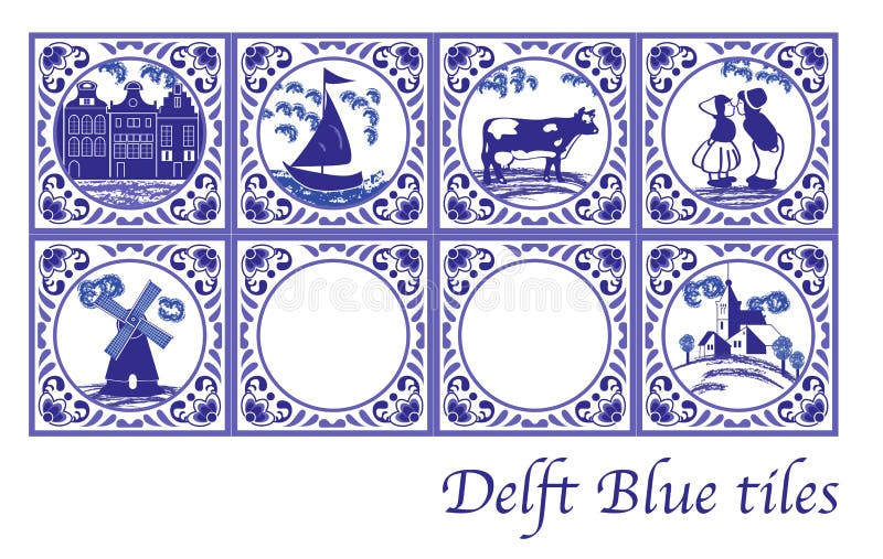 Delft Blue Dutch Tiles with Folk Pictures Stock Vector - Illustration ...