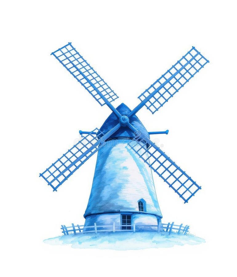 Delft Blue Illustration of a Windmill Stock Illustration - Illustration ...
