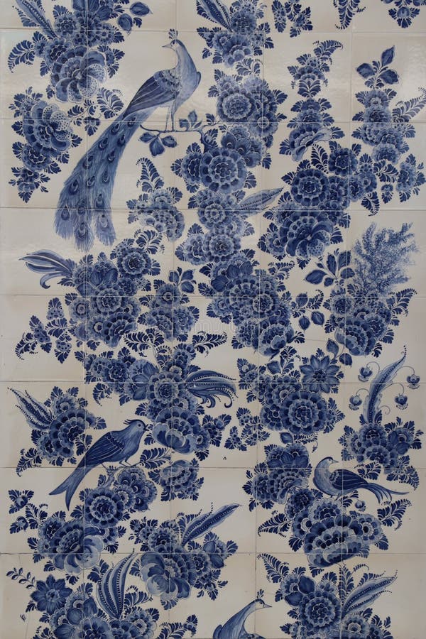 Delft blue tiles tableau stock photo. Image of peacock - 238533978
