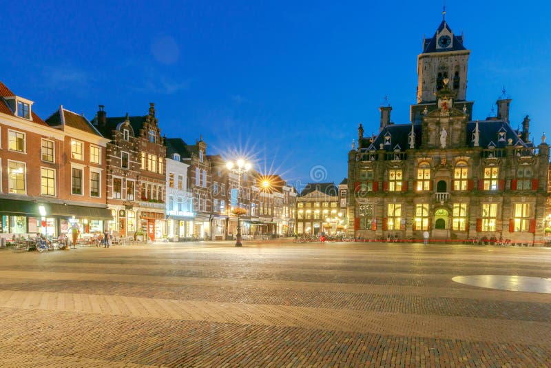 Delft. Market Square. stock photo. Image of sunset, blue - 82143700
