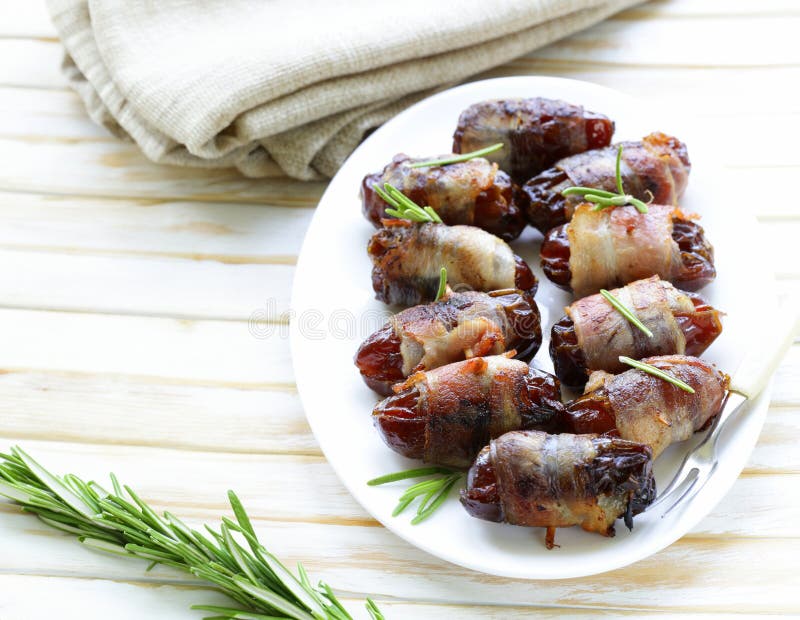 Delicacy Appetizer Fried Dates with Bacon Stock Image - Image of dish ...