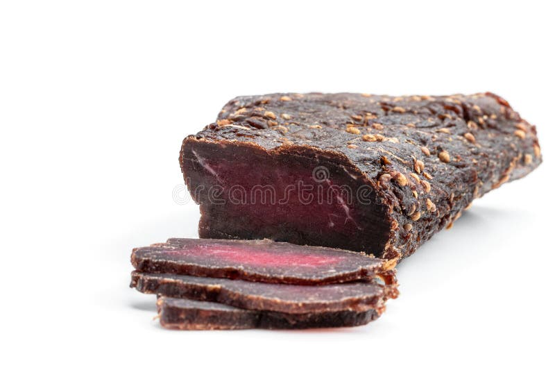 Delicacy Dry Smoked Beef Meat in Baking Paper Isolated on White Stock ...