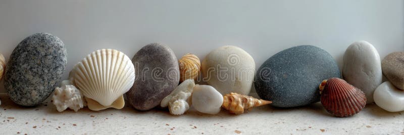 Delicate Arrangement of Beach Pebbles and Shells on a Neutral ...