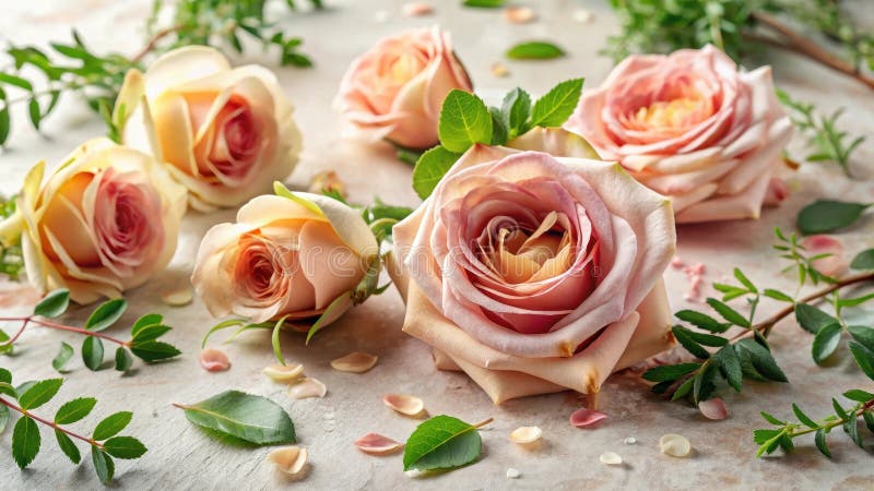 A Delicate Arrangement of Peach Roses and Greenery on a Light Surface ...